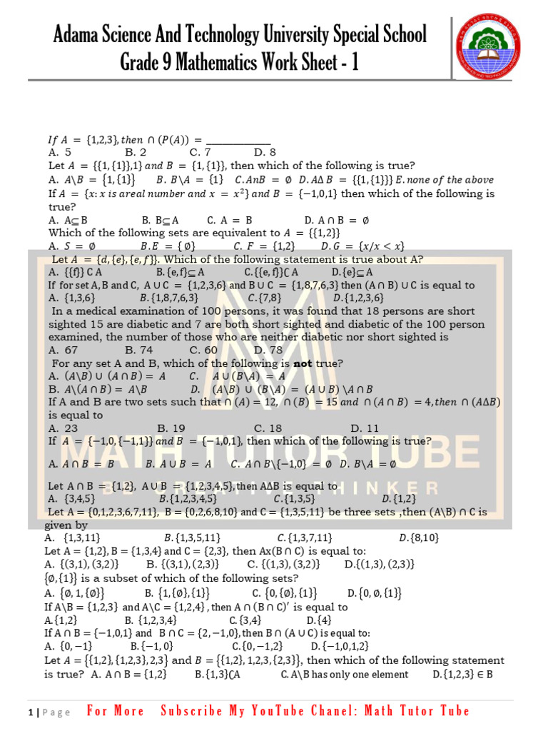 Grade 9 Unit - 1 Work Sheet | PDF | Mathematics