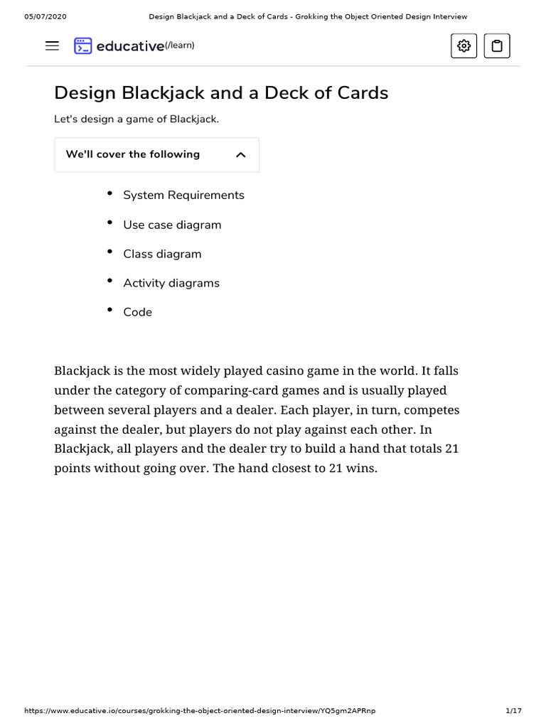 Design Blackjack and A Deck of Cards - Grokking The Object Oriented Design Interview | PDF ...