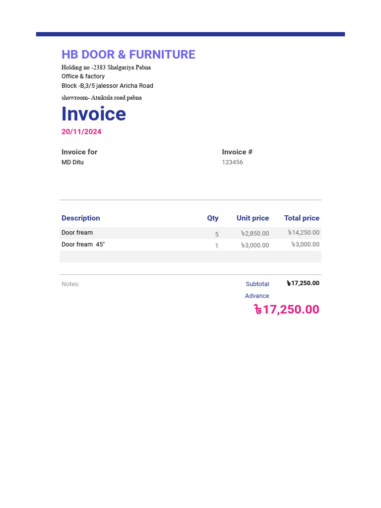 HB Door & Furniture Invoice 2024 | PDF