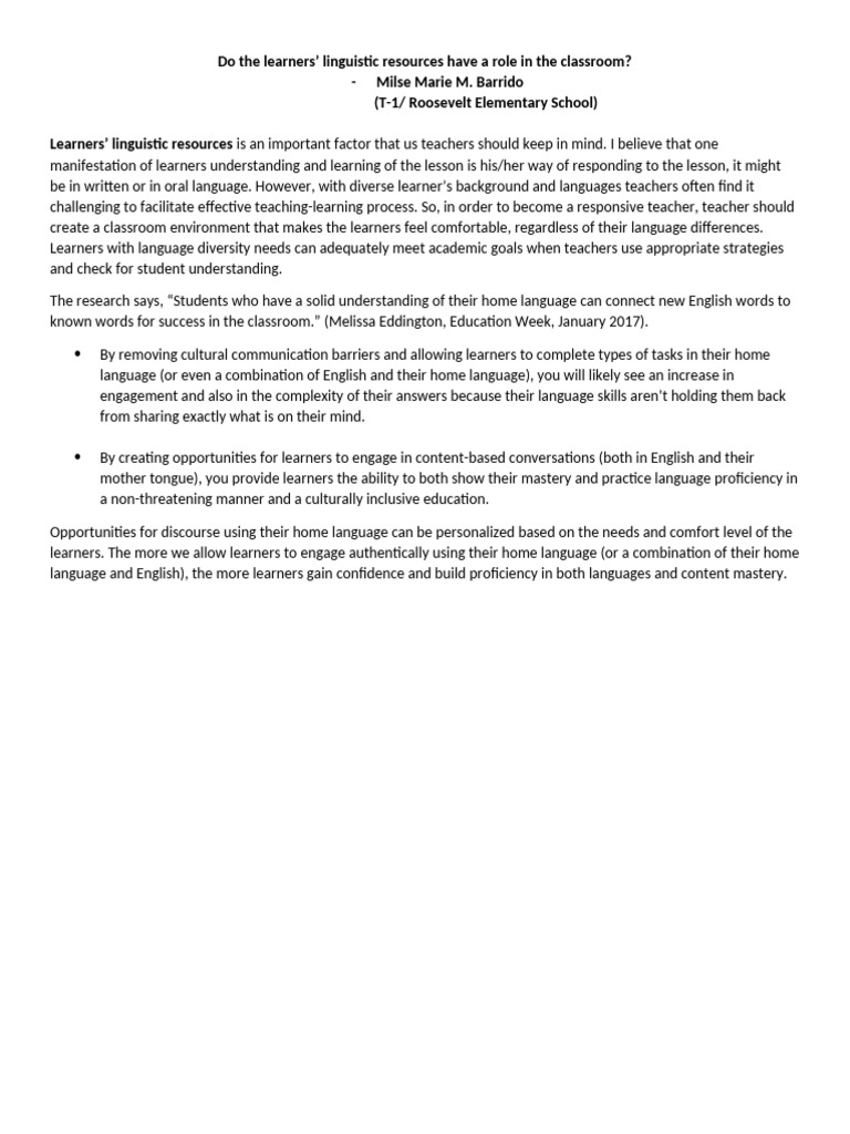 Reflection On Multilingual Education | PDF