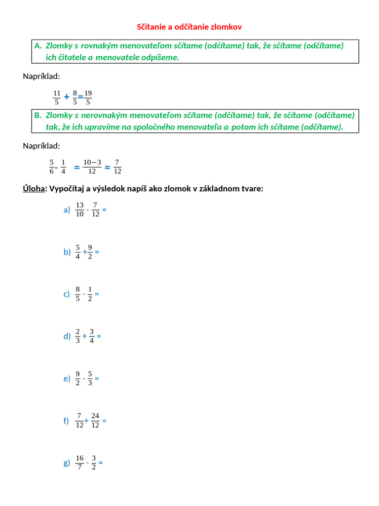 Sčítanie A Odčítanie Zlomkov - Teória + Úlohy | PDF
