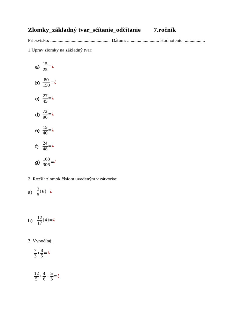 Písomka Zlomky Základný Tvar Sčítanie Odčítanie | PDF
