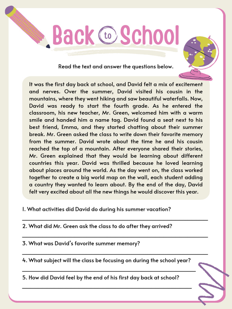 Back to School Reading Comprehension Worksheet in Pink White Simple Simple Style | PDF