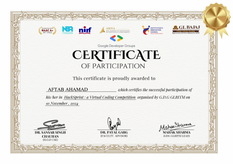 Hacksprint Hackthon Certificate | PDF