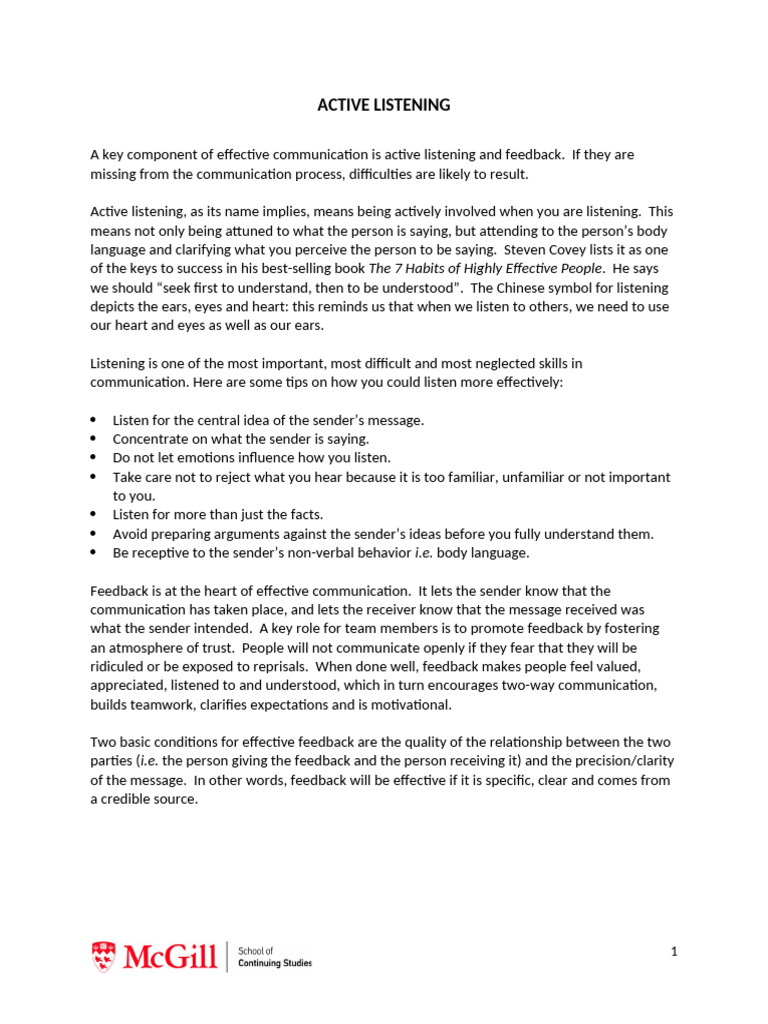 'Active Listening' | PDF | Communication | Psychology