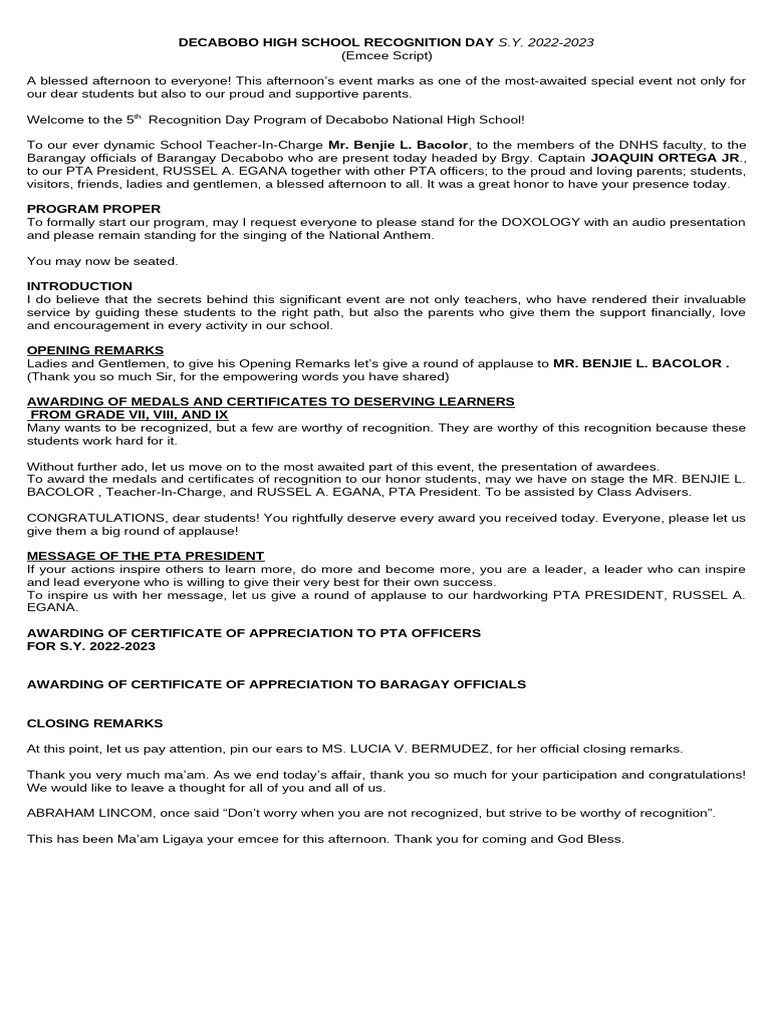 Emcee Script (SY 2022-2023) | PDF