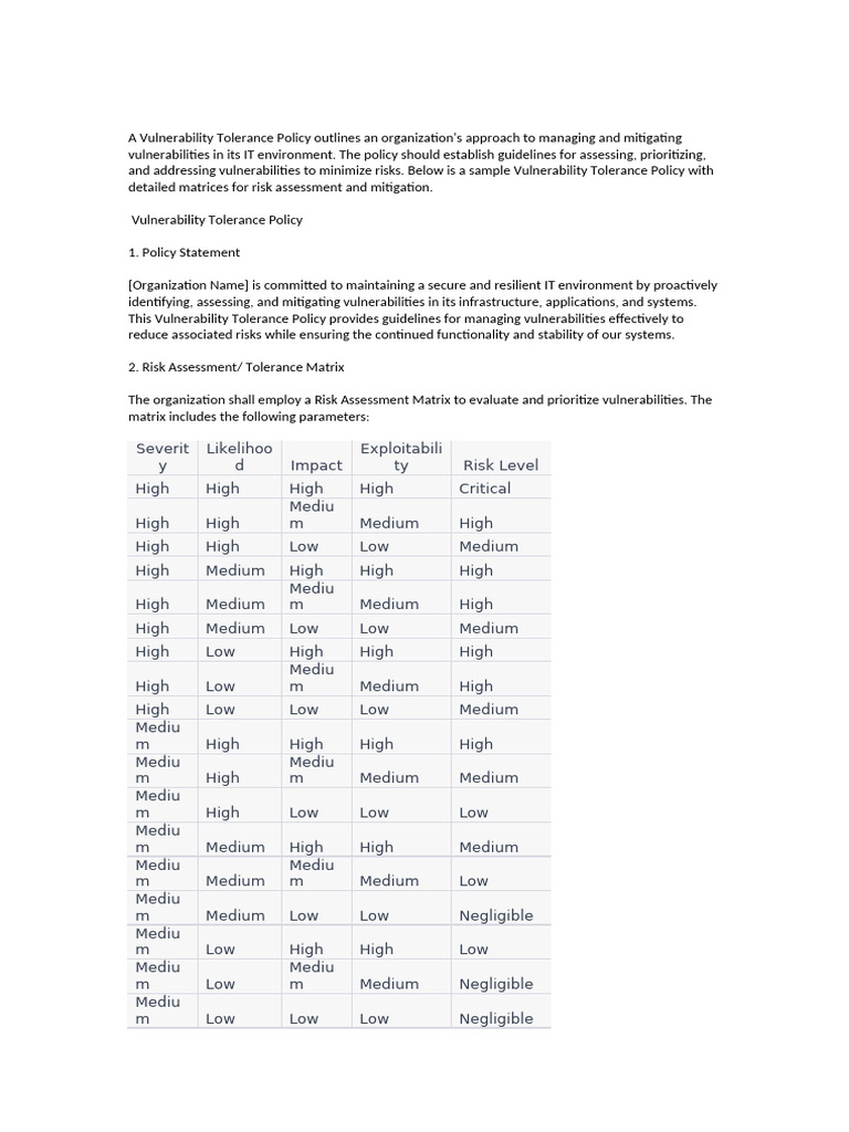 Vulnerability Tolerance Policy Guide | PDF | Risk | Risk Assessment
