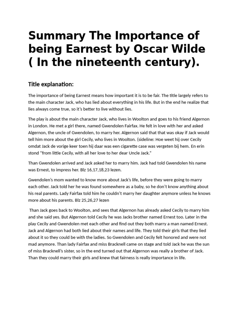 Summary The Importance of Being Earnest by Oscar Wilde | PDF