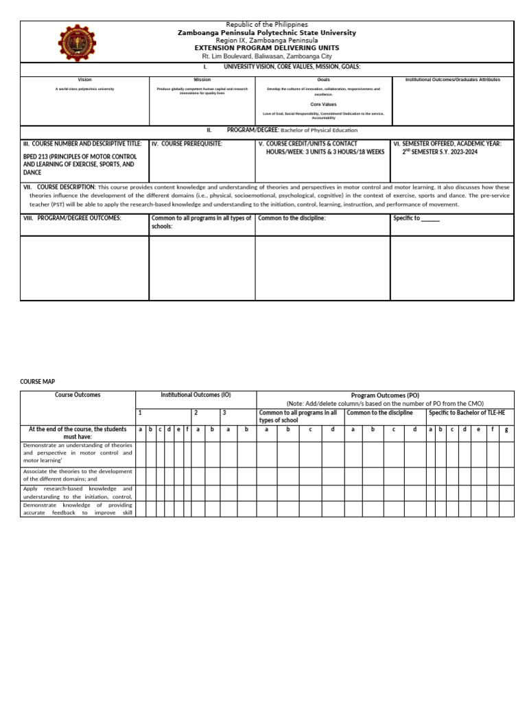 Course Syllabus Bped 219-Updated | PDF | Motor Control | Learning