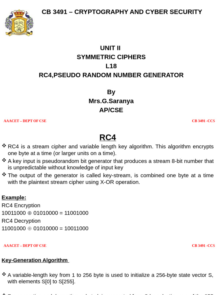 L18-RC4, Pseudo Random Number Generator | PDF | Secure Communication | Security Engineering