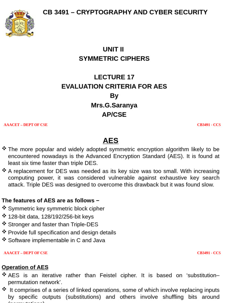 L17-Evaluation Criteria of Aes-Advanced Encryption Standard | PDF | Cipher | Cryptography