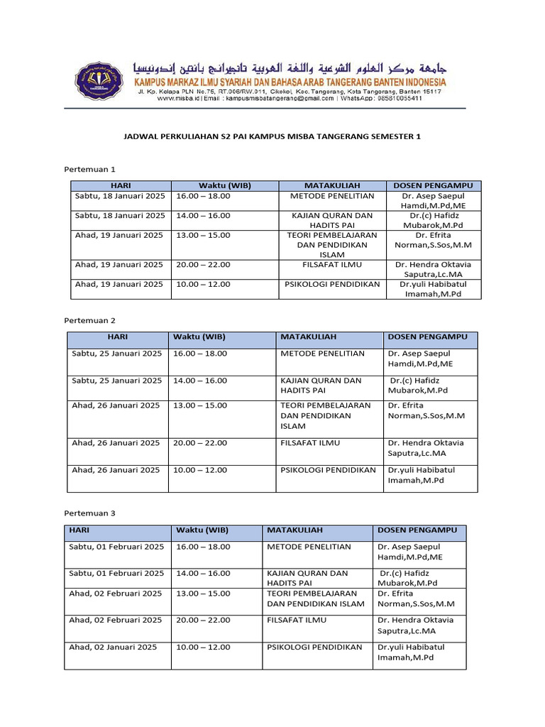 Jadwal Mata Kuliah s2 Pai Kampus Misba Tangerang Semester 1 | PDF