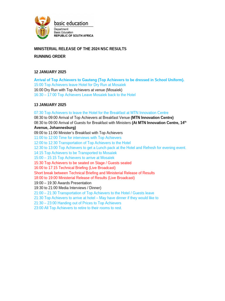 Running Order With Times For Top Achievers NSC 2024 | PDF