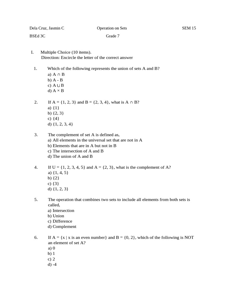 Assessment Tool On Operation On Sets | PDF | Empty Set | Intersection (Set Theory)