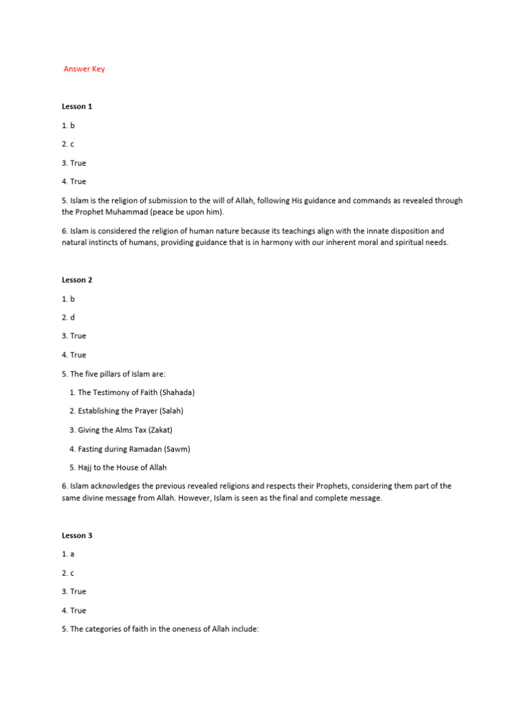 Islam Lesson Answer Key | PDF