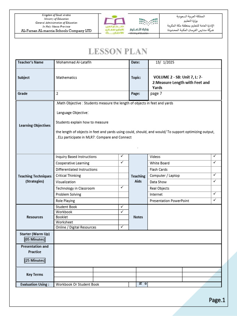 Lesson Plan 13-1-2025 - G2 | PDF | Lesson Plan | Worksheet