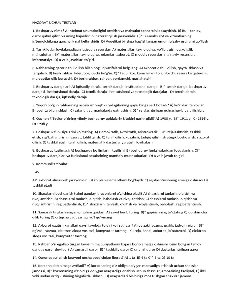 Nazorat Uchun Testlar | PDF