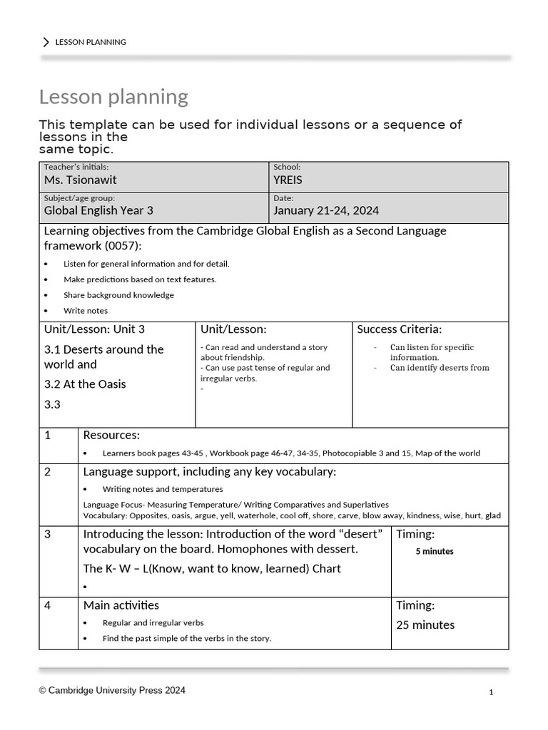 Year 3 Eng wkly Lesson_plan Jan 21-24 | PDF | English Language | Vocabulary