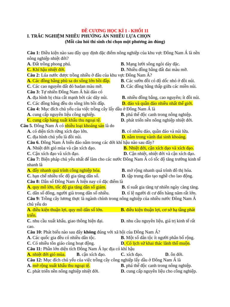 ĐỀ CƯƠNG HK 1 - K11 | PDF