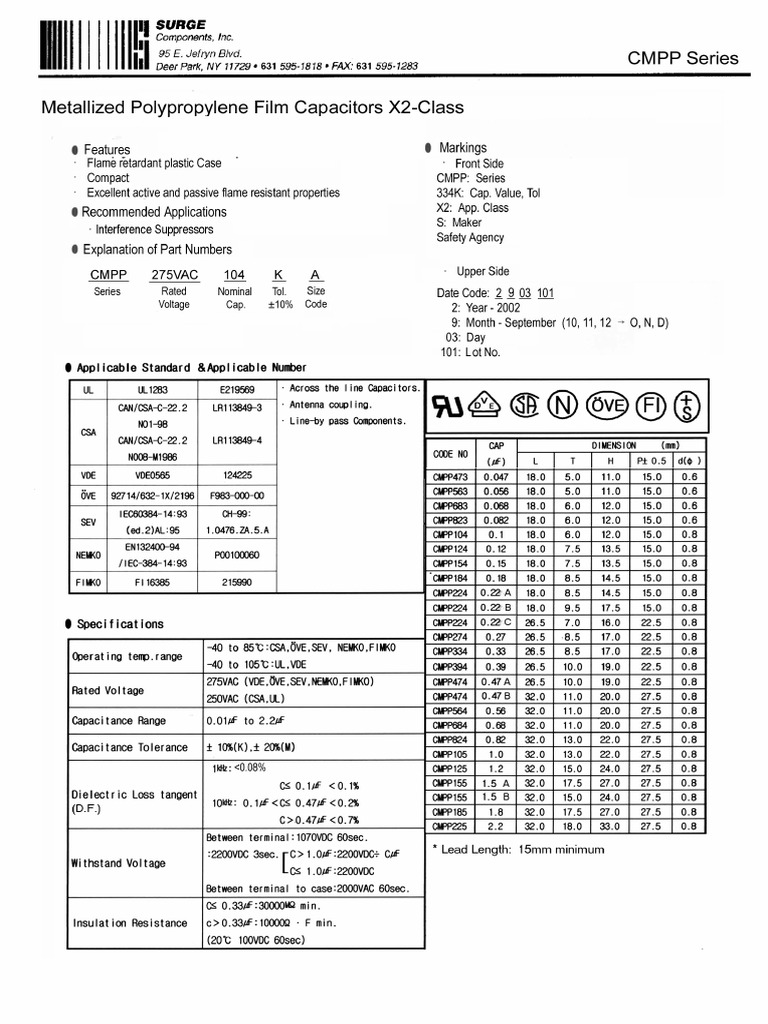 CMPP275VAC474K Surge Components | PDF