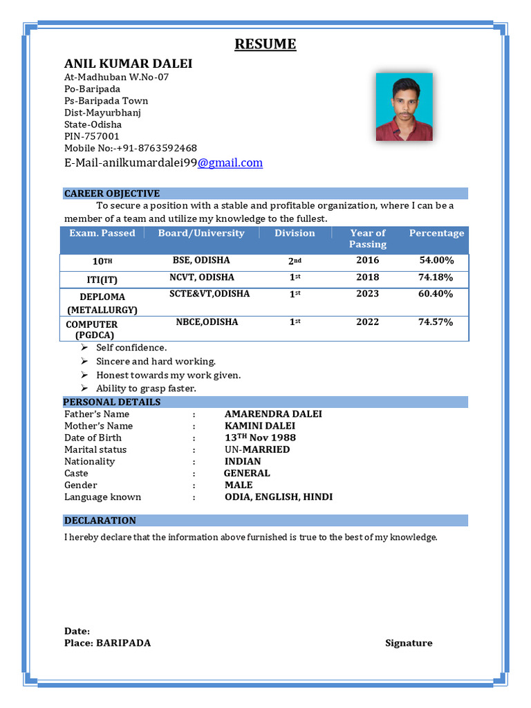 Anil Kumar Dalei Resume Summary | PDF
