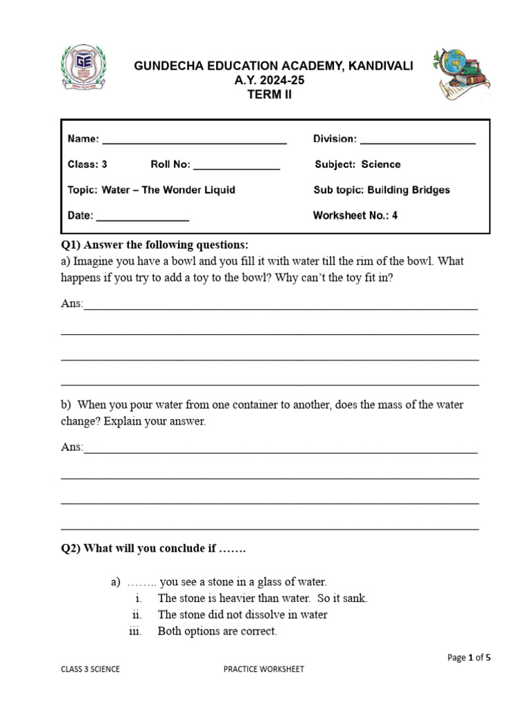 Class 3 Science Term 2 Water - The Wonder Liquid Practice Worksheet ...
