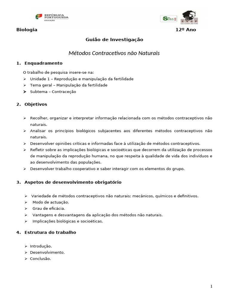 Guião 2 Metodos Contracetivos Não Naturais | PDF | Biologia | Método científico