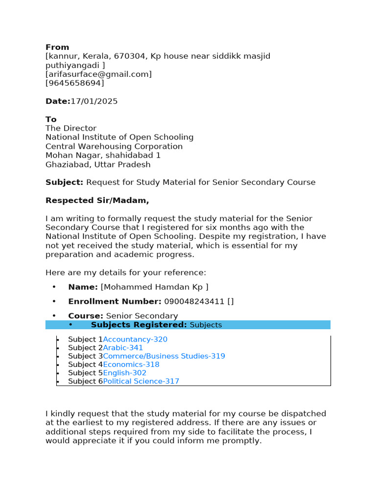 NIOS Study Material Request Letter | PDF