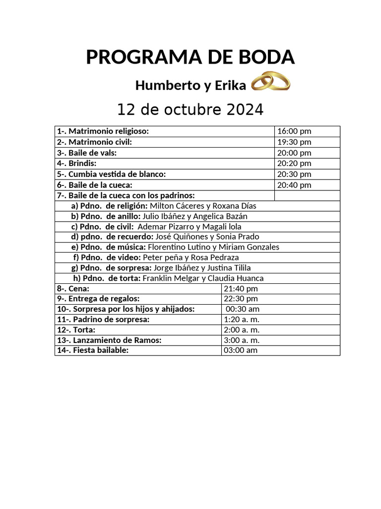Programa de Boda de Humberto y Erika | PDF