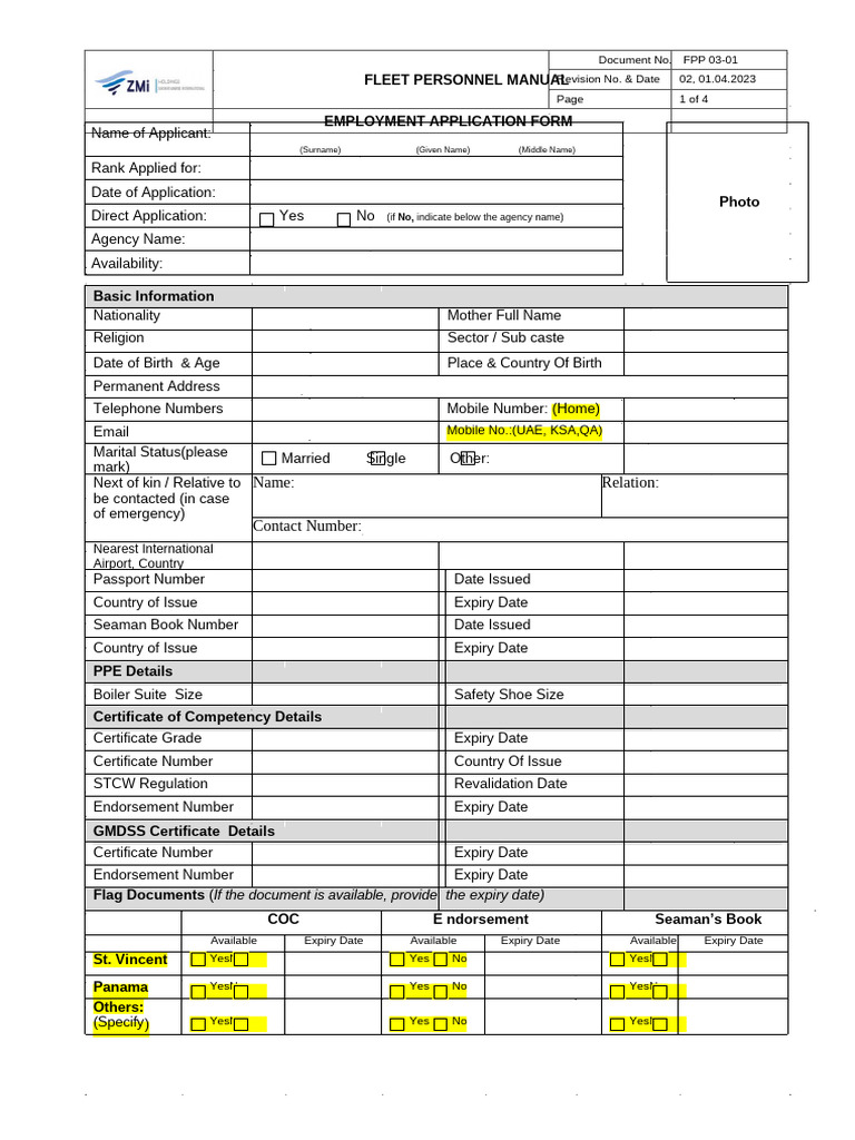 A. FPP 03-01 Employment Application Form | PDF | Ships | Water Transport