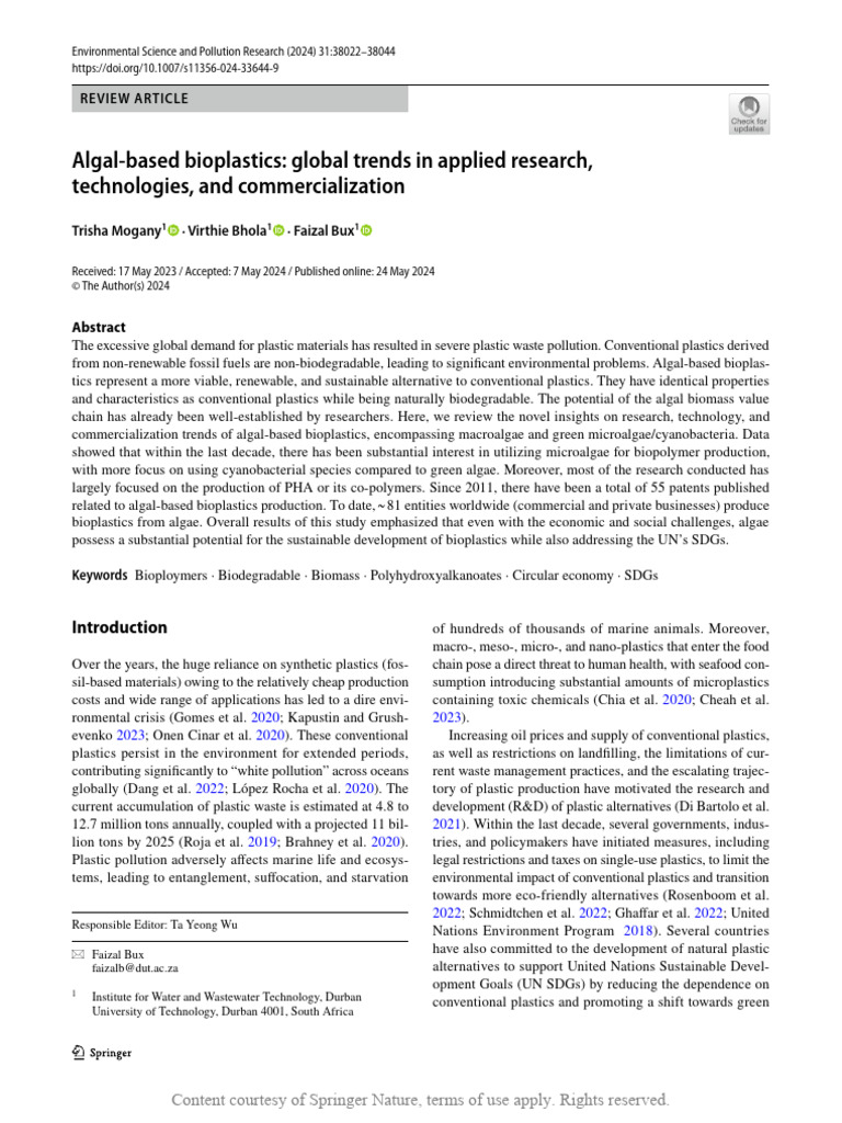 Algal-based Bioplastics Global Trends in Applied r | PDF | Algae Fuel ...