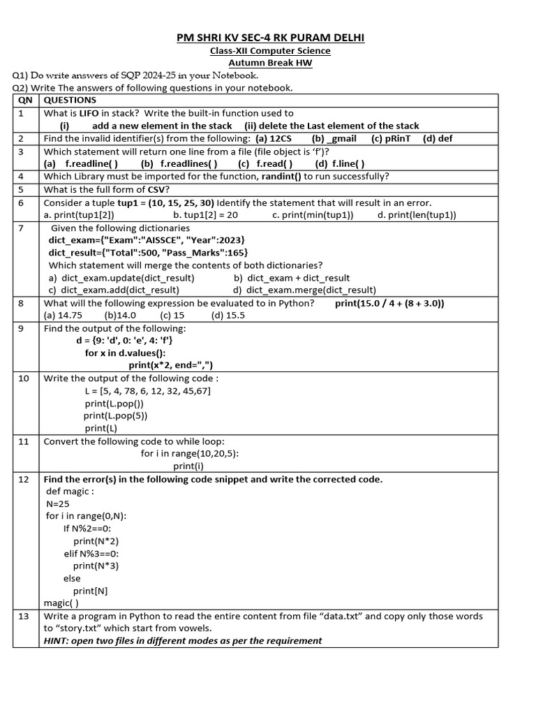 KV RKP4 Class - 12 CS Autumn Holiday HW | PDF | Parameter (Computer Programming) | Text File