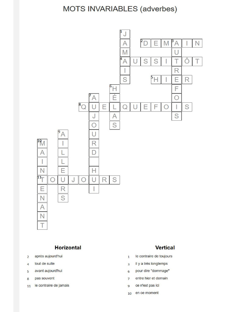 Mots Croisés Mots Invariables | PDF