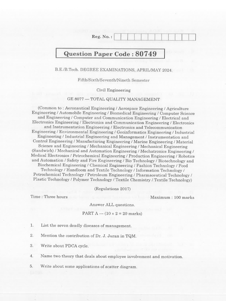 TQM- Yearly QP | PDF | Engineering | Quality Management