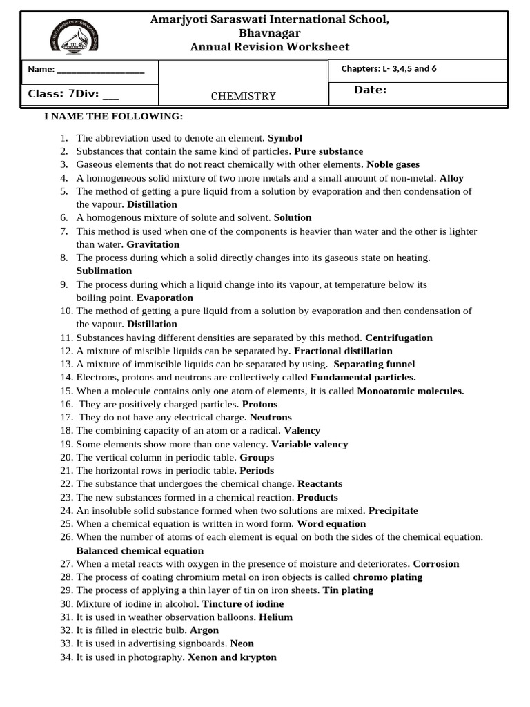Revision Chem VII Answer Key | PDF | Chemical Substances | Chemical ...