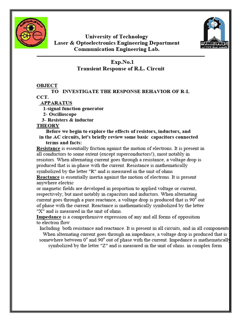 Transient Response of R.L. Circuit | PDF | Inductor | Electrical Impedance