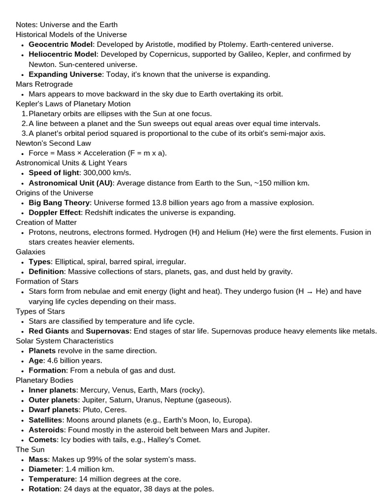 Notes Universe and The Earth Historical Models of The Universe ...