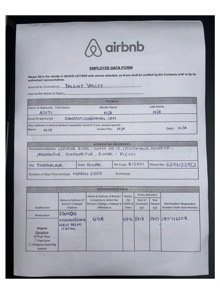 AIRBNB EMPL DATA FORM 1 | PDF