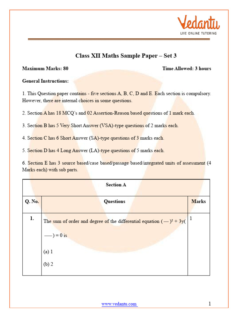 CBSE Class 12 Maths Sample Paper Set 3 (2024-25) FREE PDF | PDF ...