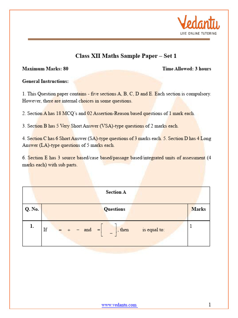 CBSE Class 12 Maths Sample Paper Set 1 (2024-25) FREE PDF | PDF ...