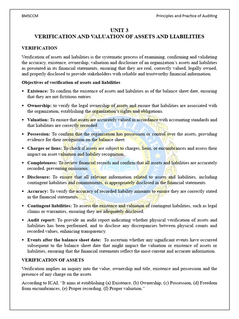 Unit 3 - Verification & Valuation of Assets and Liabilities - Notes ...