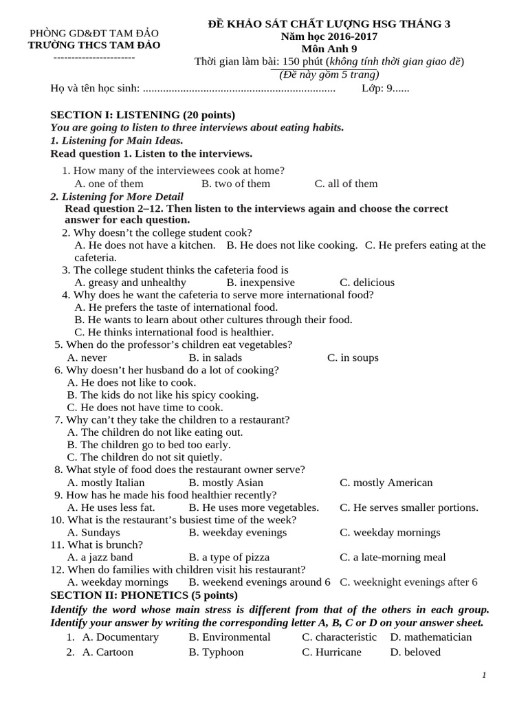DE KSCL HSG LOP 9 THANG 1 NAM 2016.docg | PDF | English Language ...