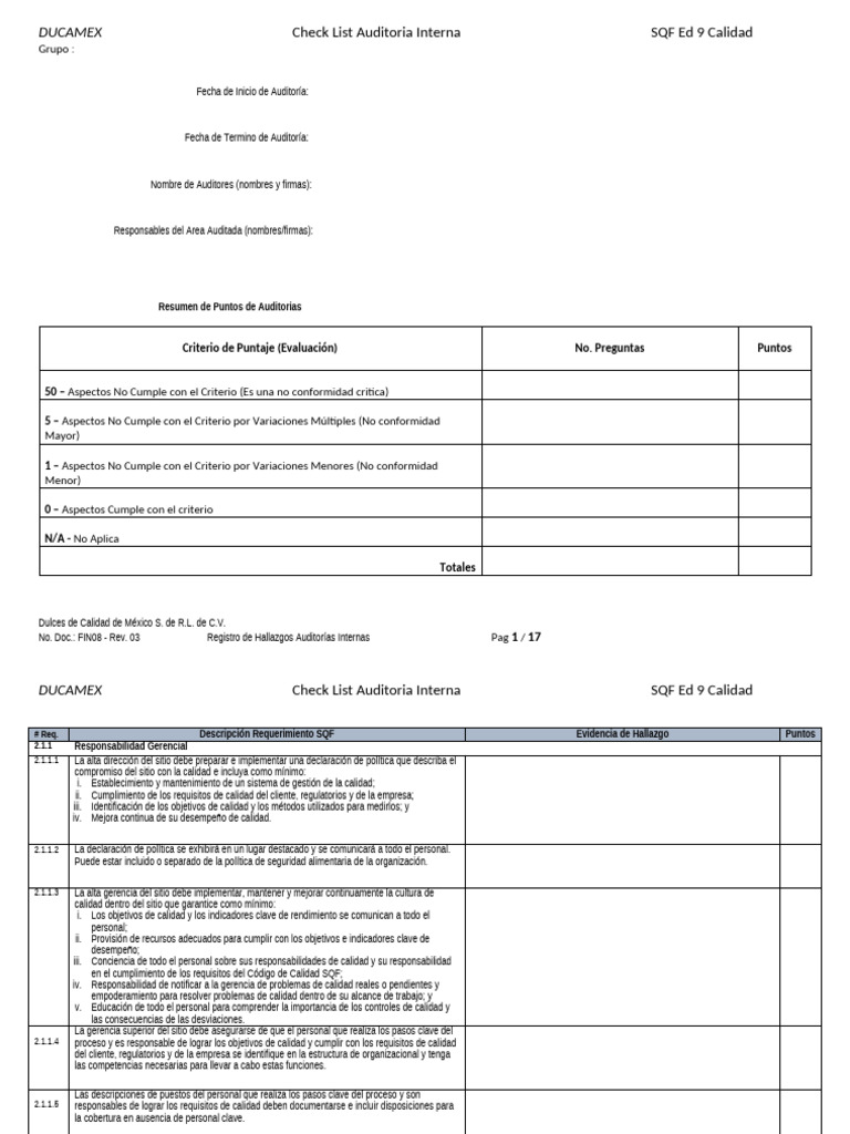 Check List Calidad | PDF | Calidad (comercial) | Auditoría