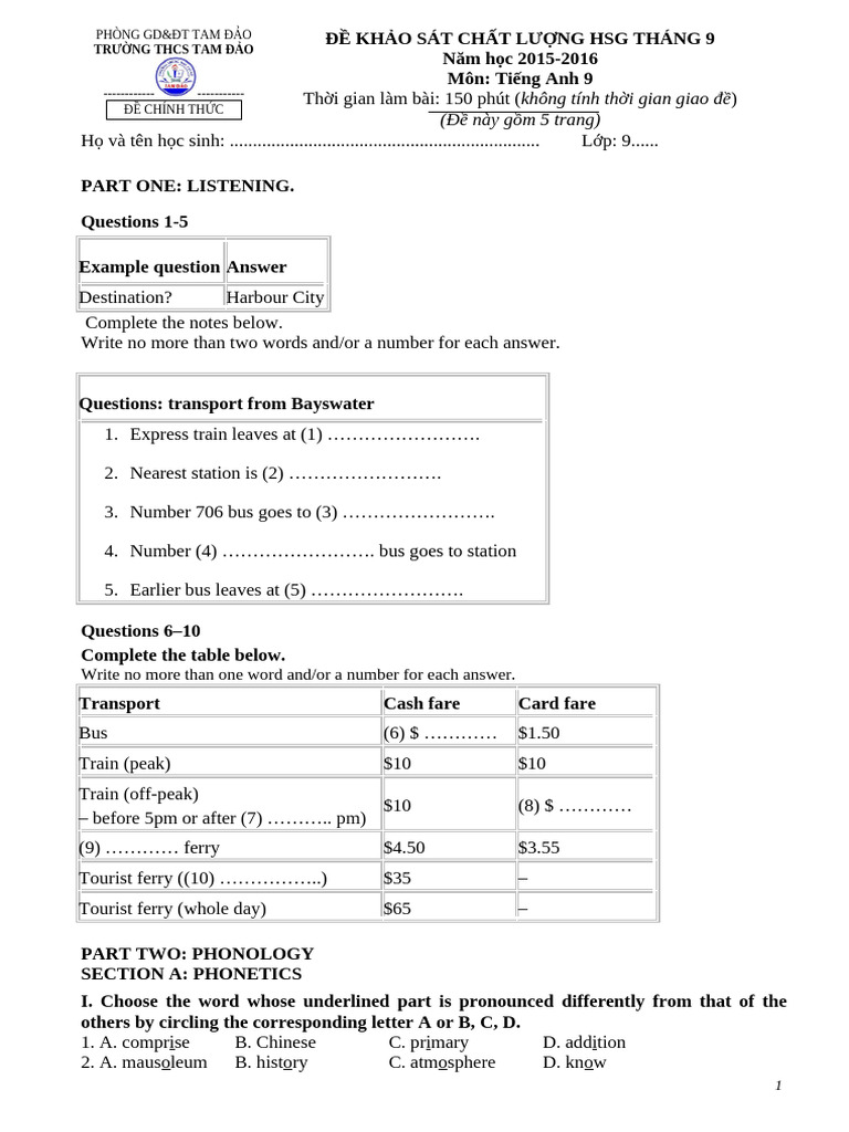 DE KSCL HSG DAU NAM ANH 9 | PDF | Thomas Edison | Linguistics
