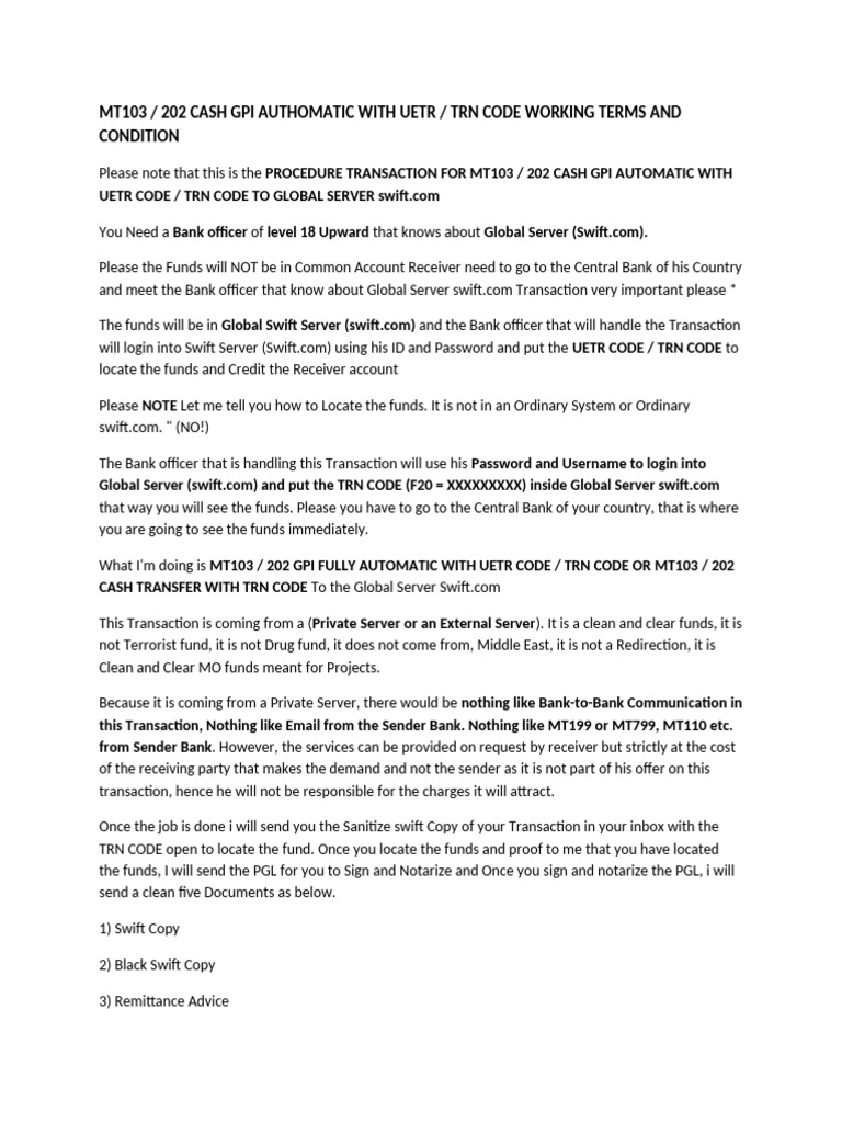 Transaction Procedure For MT103 Gpi - 202 | PDF | Banks | Business