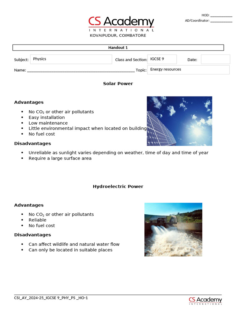 Energy Resources - Handout | PDF | Nuclear Power | Power Station