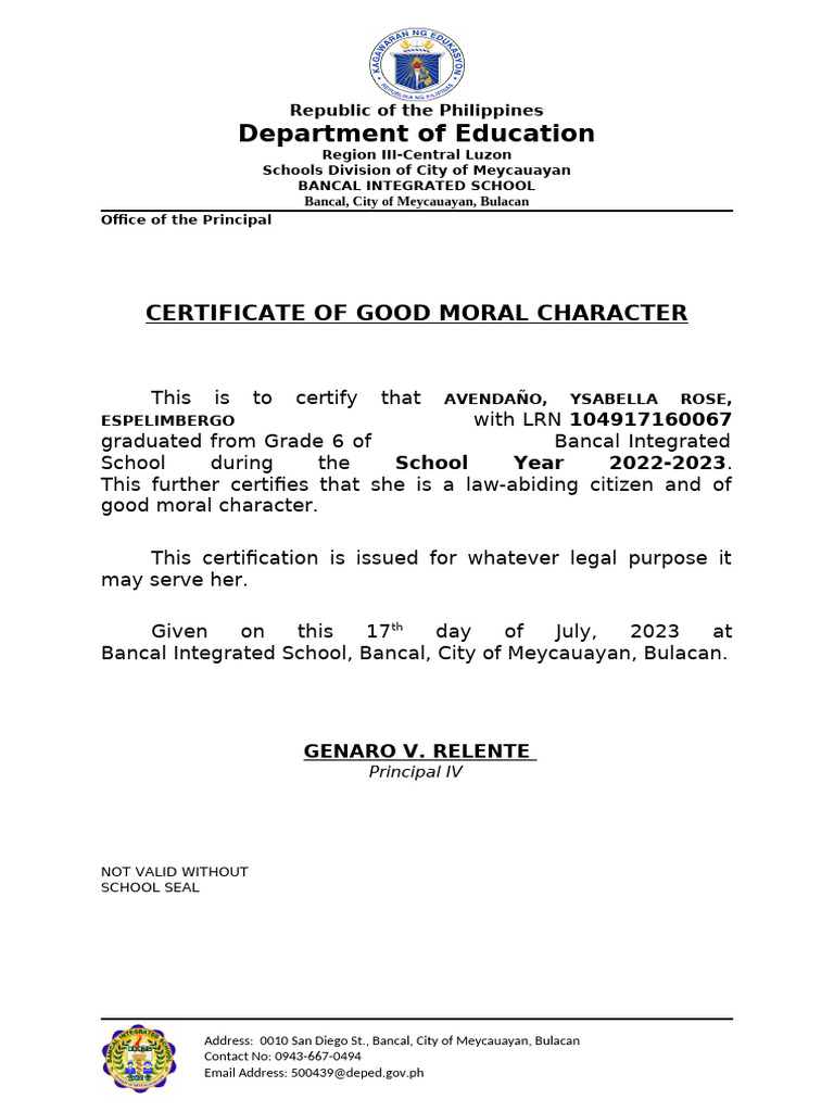 Student Good Moral Certificate | PDF