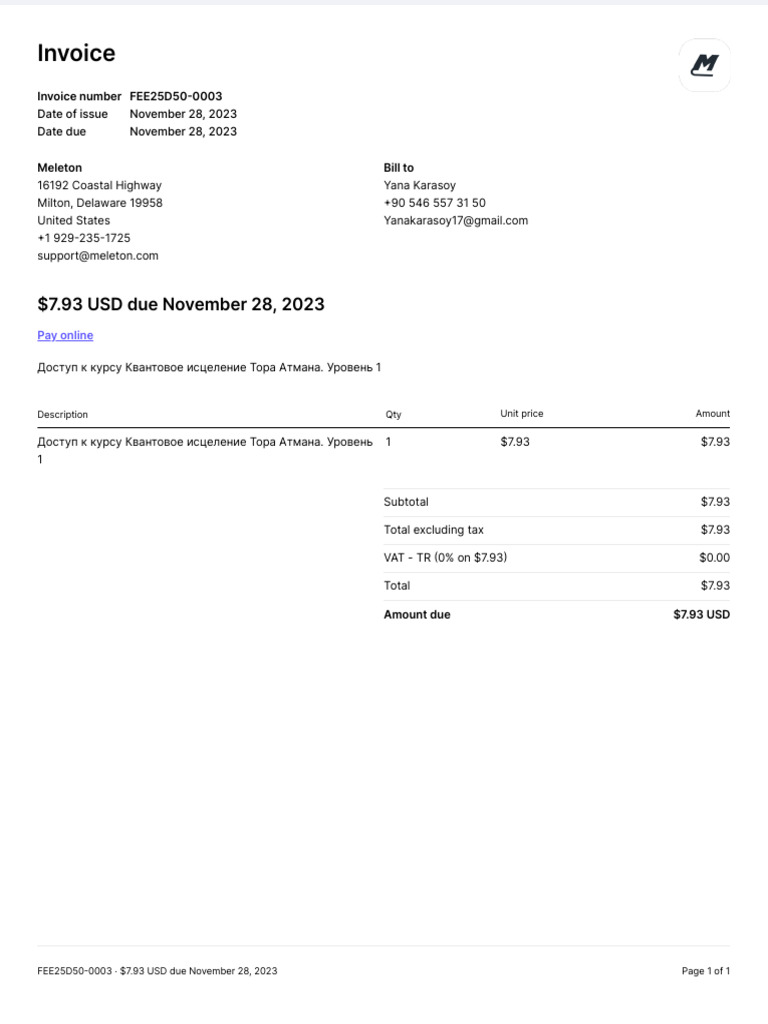 Invoice for Quantum Healing Course | PDF