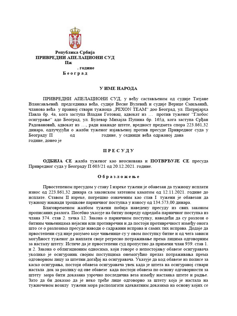 Privredni Apelacioni Sud PZH 1189 2022 | PDF