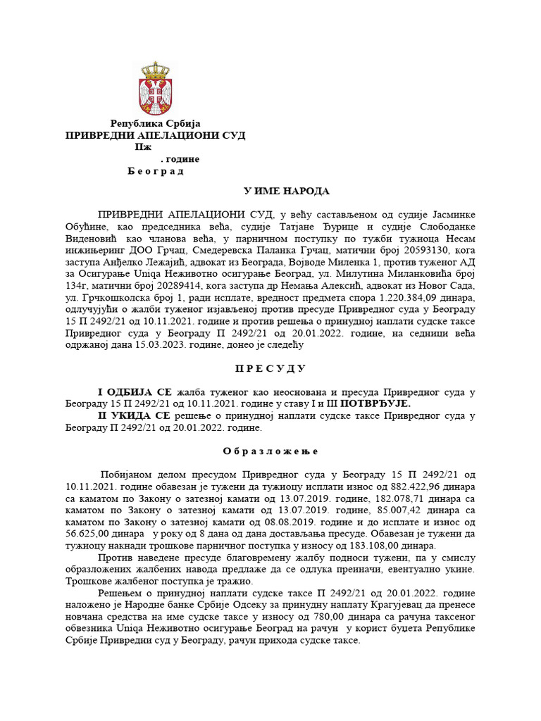 Privredni Apelacioni Sud PZH 733 2022 | PDF